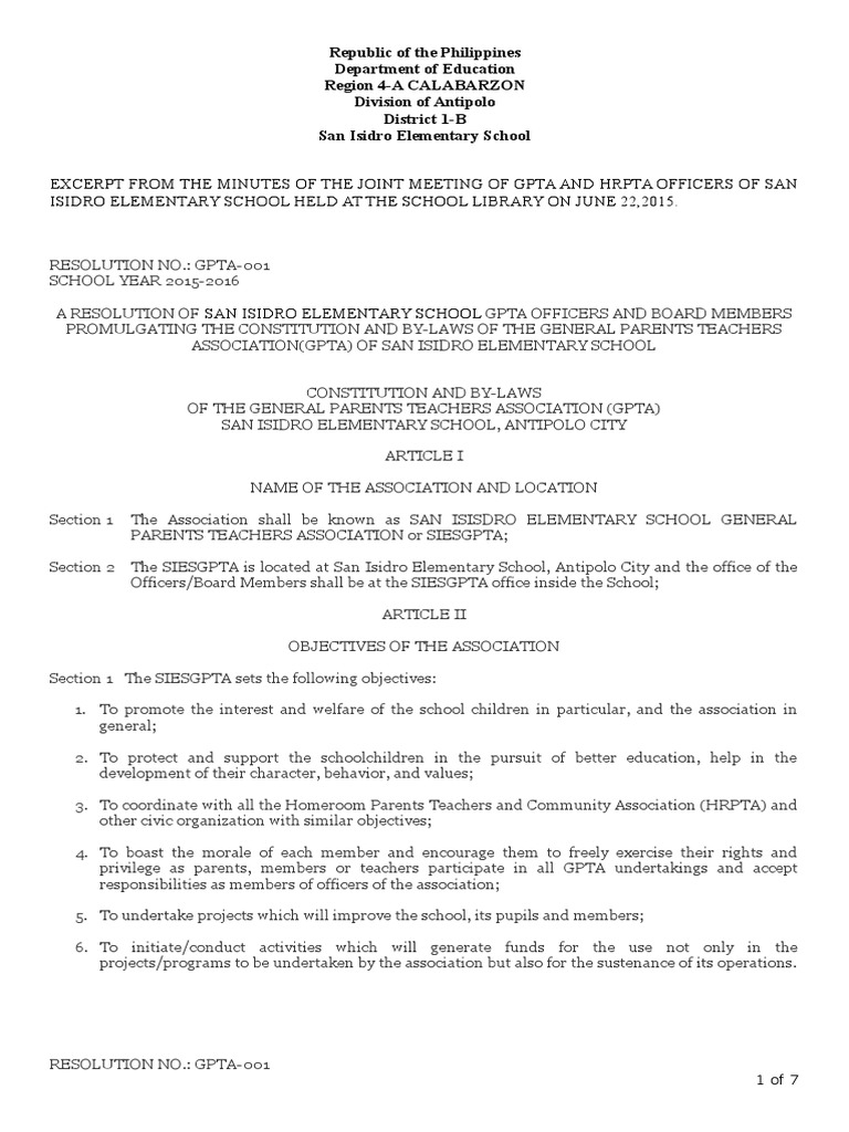 GPTA Constitution and By-Laws Sample | PDF | Presidents Of The United ...