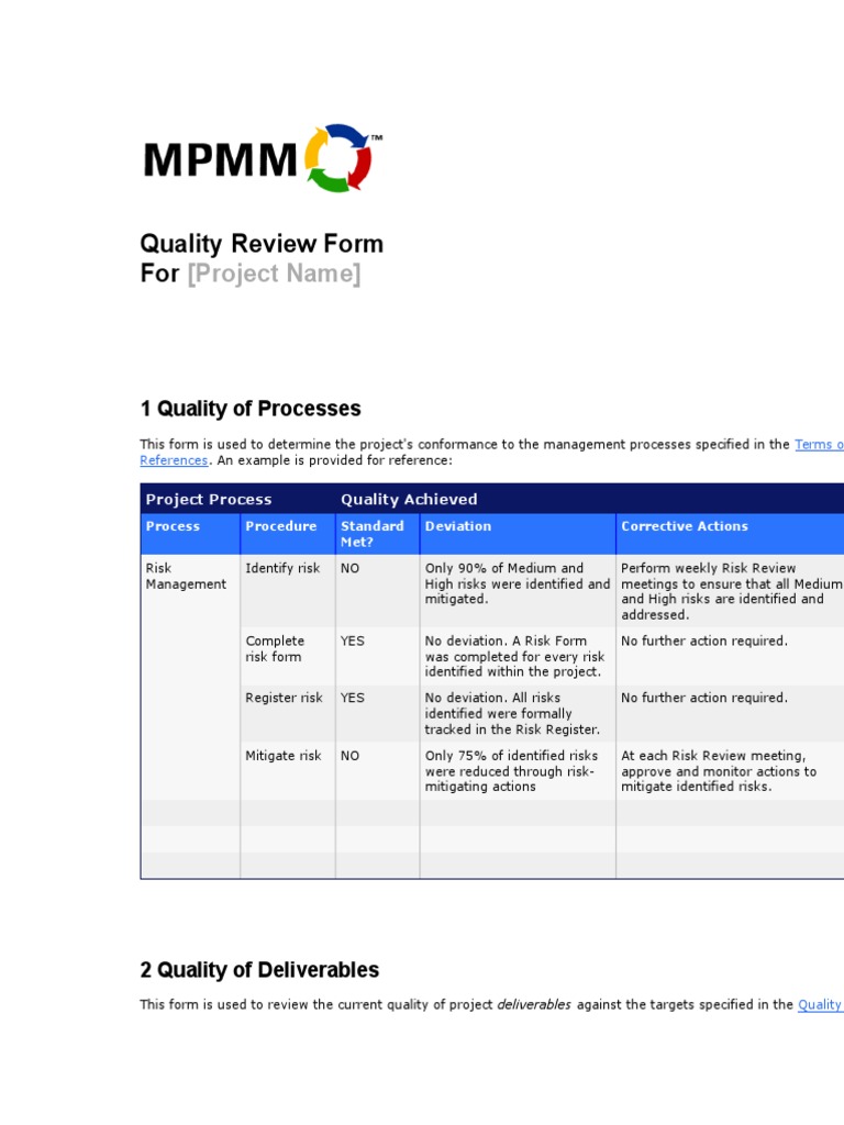 Quality Review Form For: (Project Name) | PDF