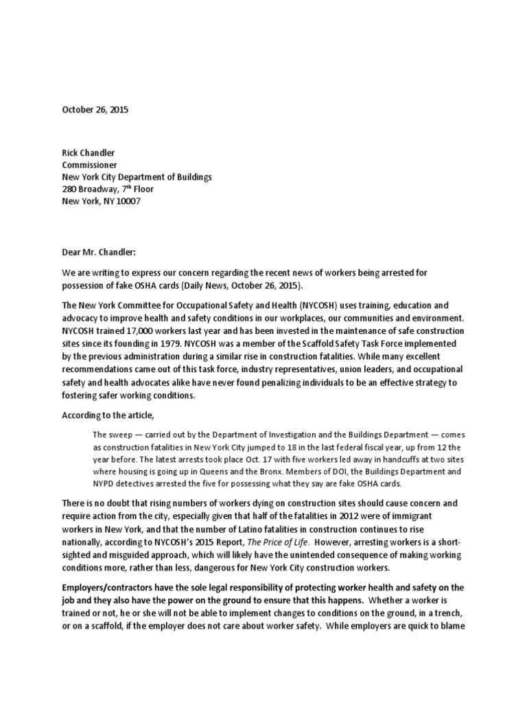 NYCOSH Letter To DOB Re: OSHA Card Arrests 10262015 | PDF ...