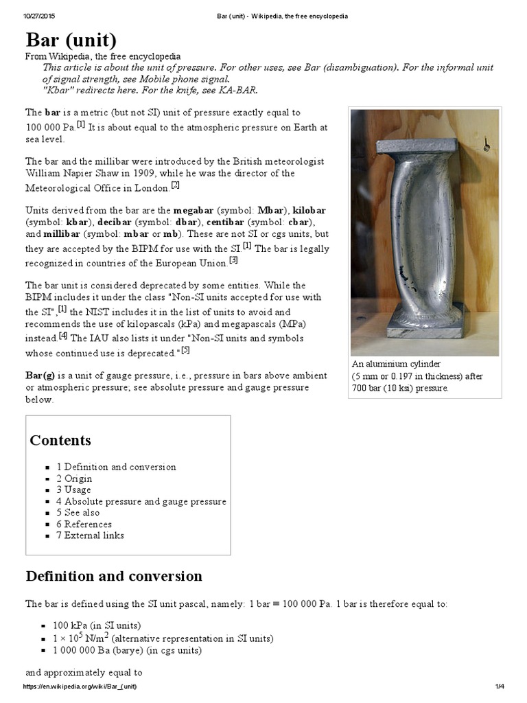 Bar (Unit) - Wikipedia, The Free Encyclopedia | PDF | Atmospheric ...