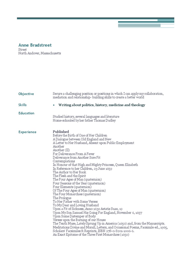 Anne Bradstreet: Poet and Writer Bio | PDF