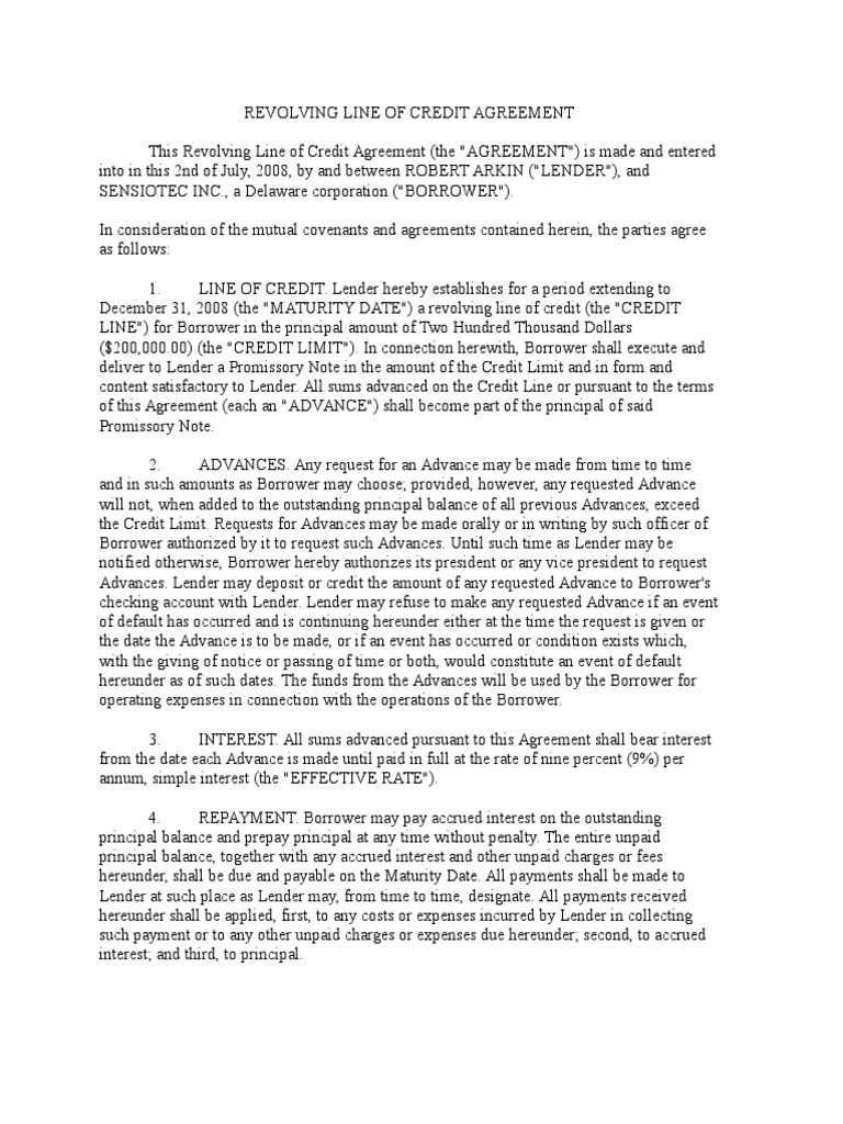 Revolving Line of Credit Agreement | PDF | Interest | Loans