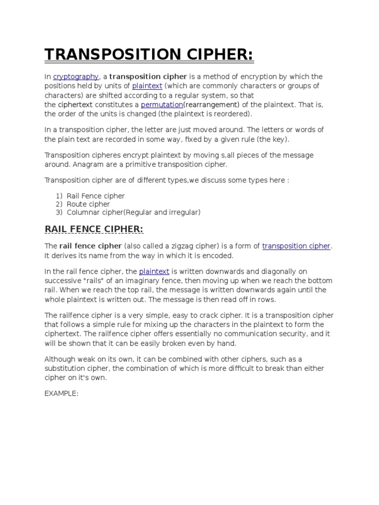 Transposition Cipher | PDF | Cipher | Secrecy Transposition Cipher | PDF | Cipher | Secrecy