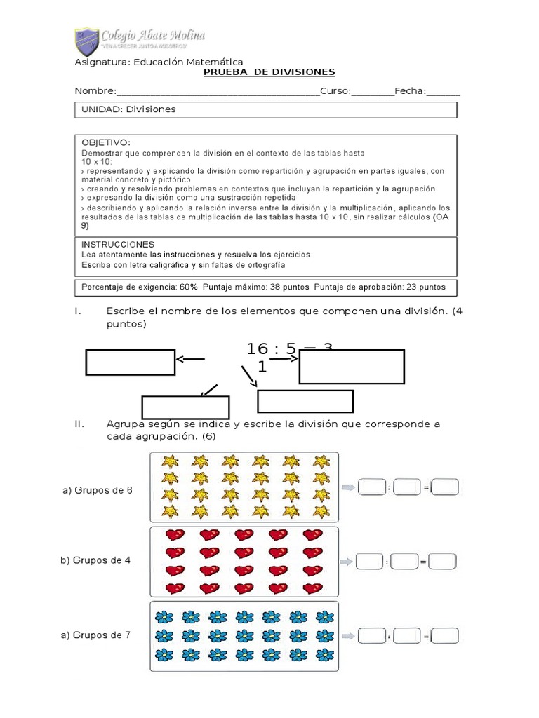 Prueba de Divisiones para Tercero Básico | PDF | Multiplicación ...