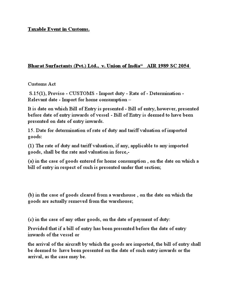Taxable Event In Customs PDF Customs Tariff