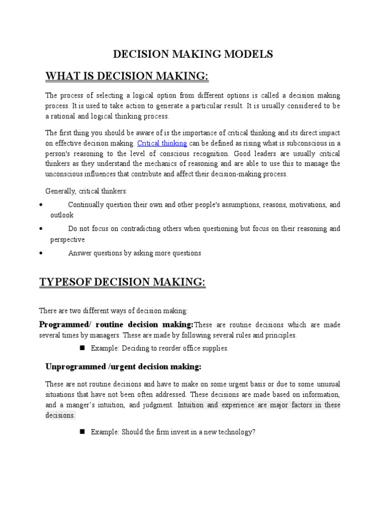 Decision Making Models | PDF | Critical Thinking | Decision Making