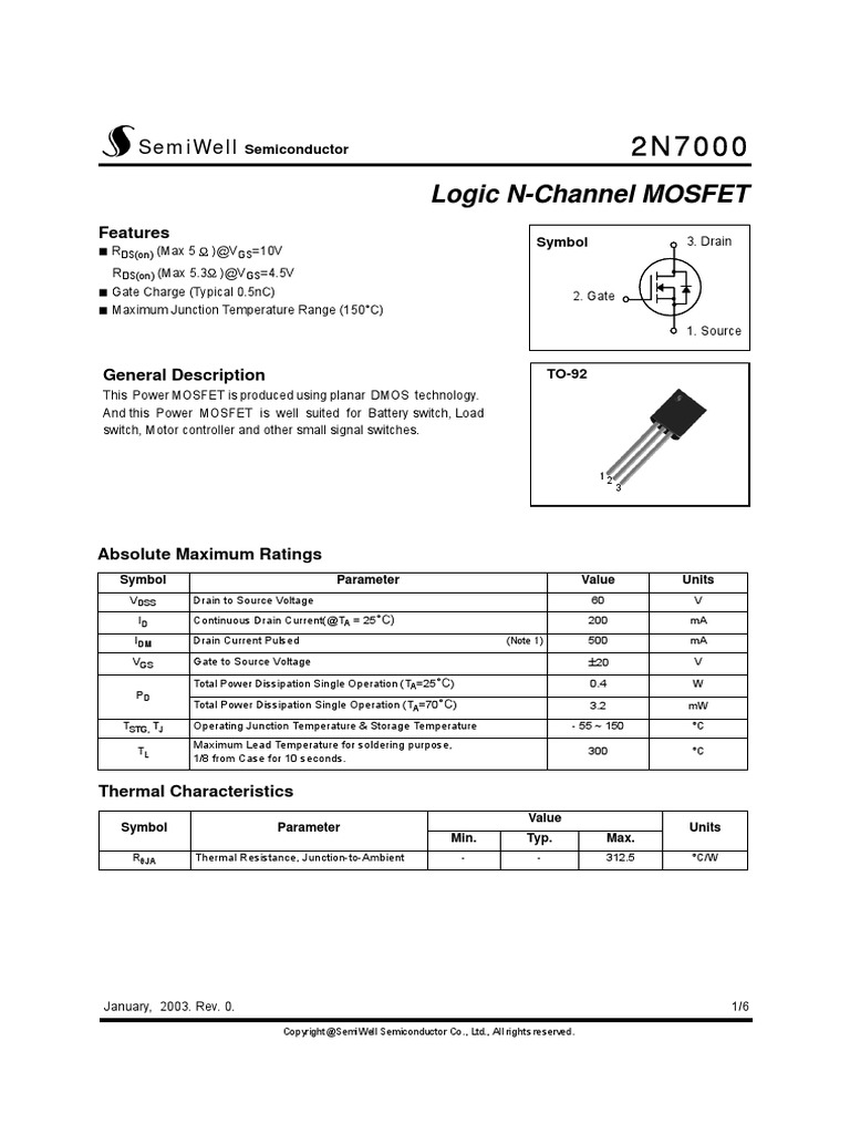 Transistor 2N7000 Datasheheet | PDF | Mosfet | Field Effect Transistor