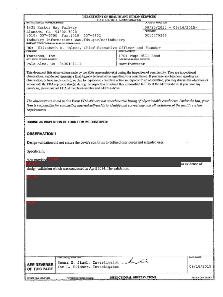 FDA Inspection Observations for Theranos | PDF | Food And Drug ...