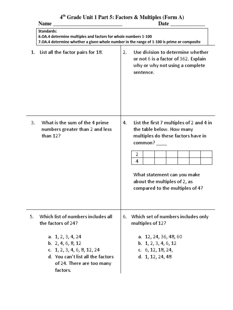 4th Grade Factors & Multiples Worksheet | PDF | Prime Number | Teaching ...