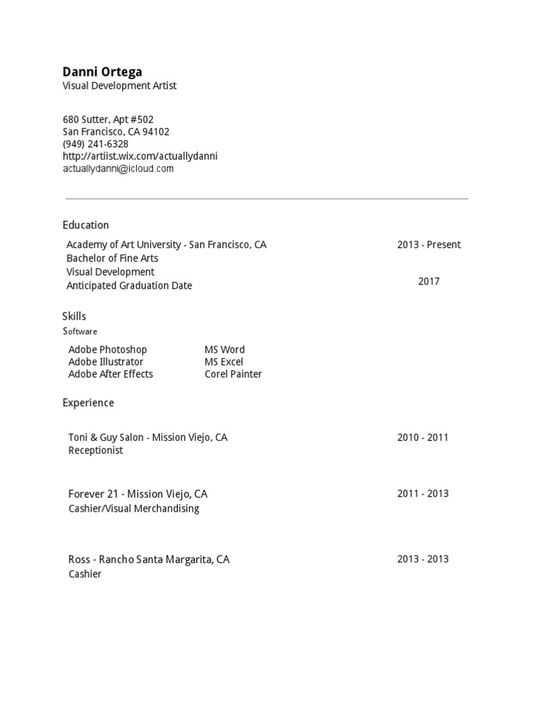 Danni Ortega - Visual Development Artist Resume | PDF | Business