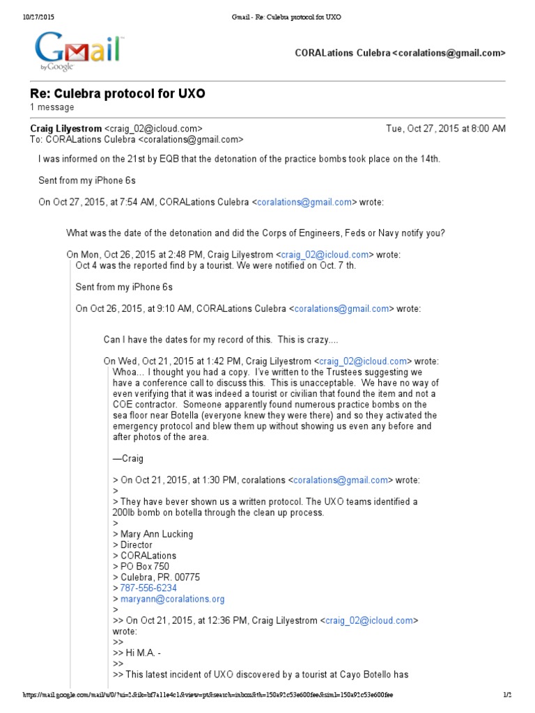 UXO - BOTELLA - Gmail - Re - Culebra Protocol For UXO | PDF