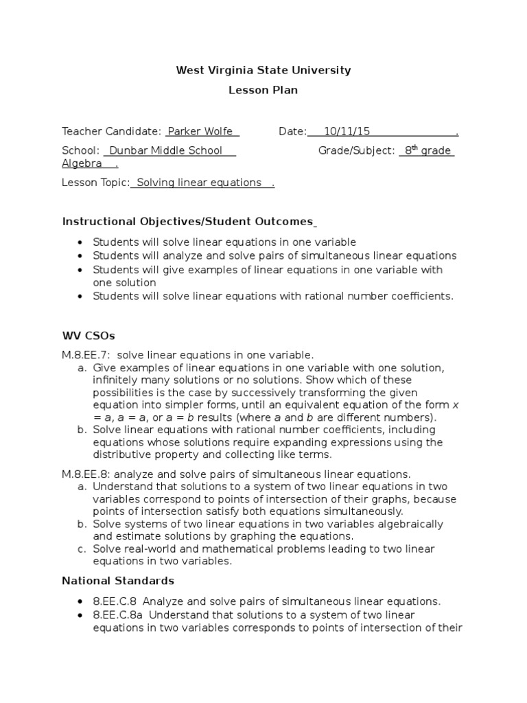 Lesson Plan Linear Equations | PDF | Equations | System Of Linear Equations