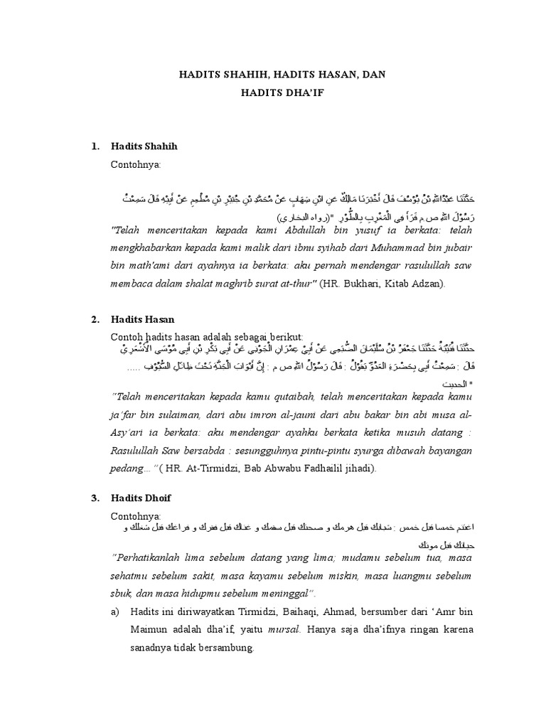 Pengertian Hadits Shahih, Hadits Hasan, Dan Hadits Dha'if Beserta Contohnya | PDF