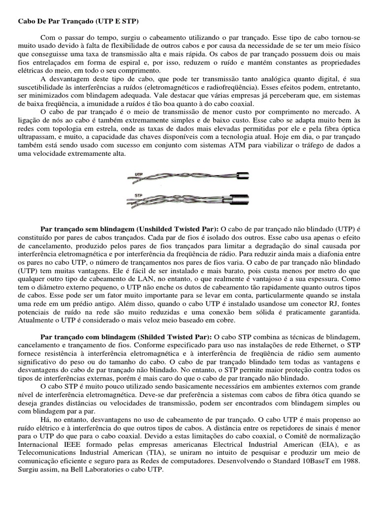Cabo Par Trançado: UTP vs STP | PDF | Transmissão de energia elétrica ...