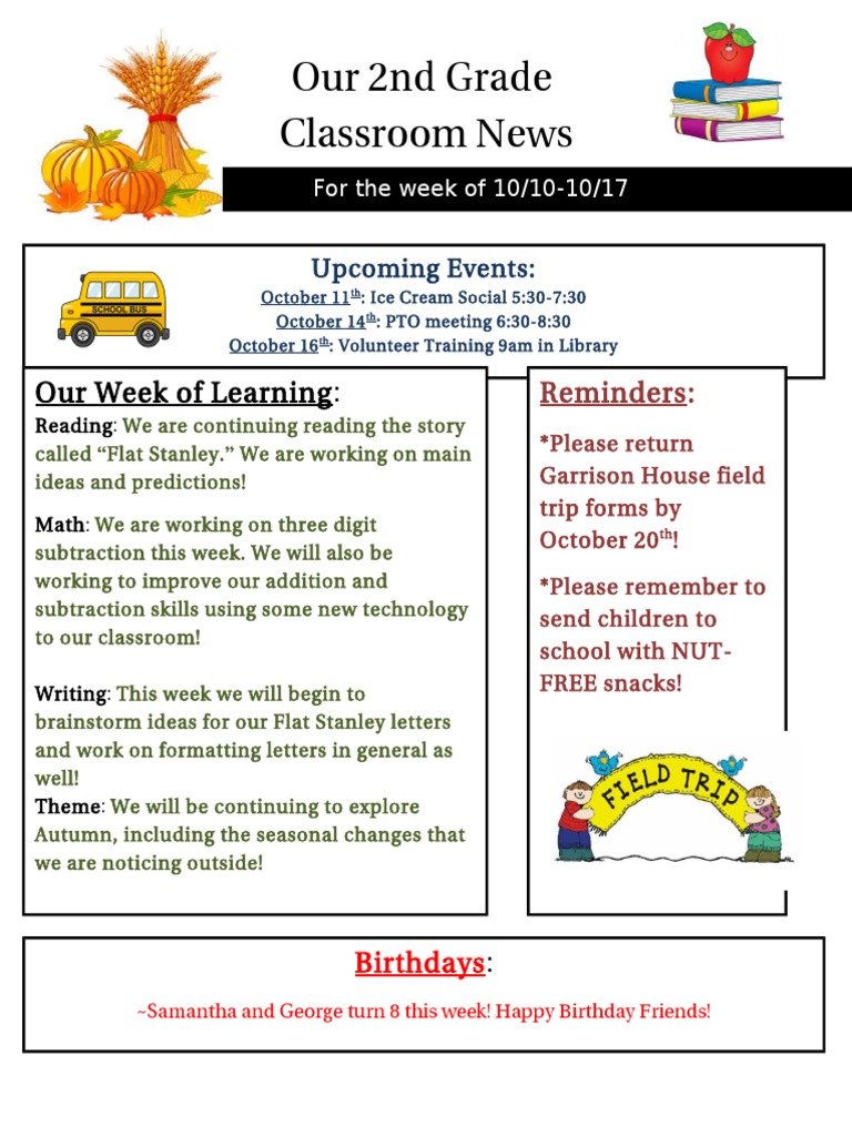 2nd Grade Classroom News: Oct 10-17 | PDF