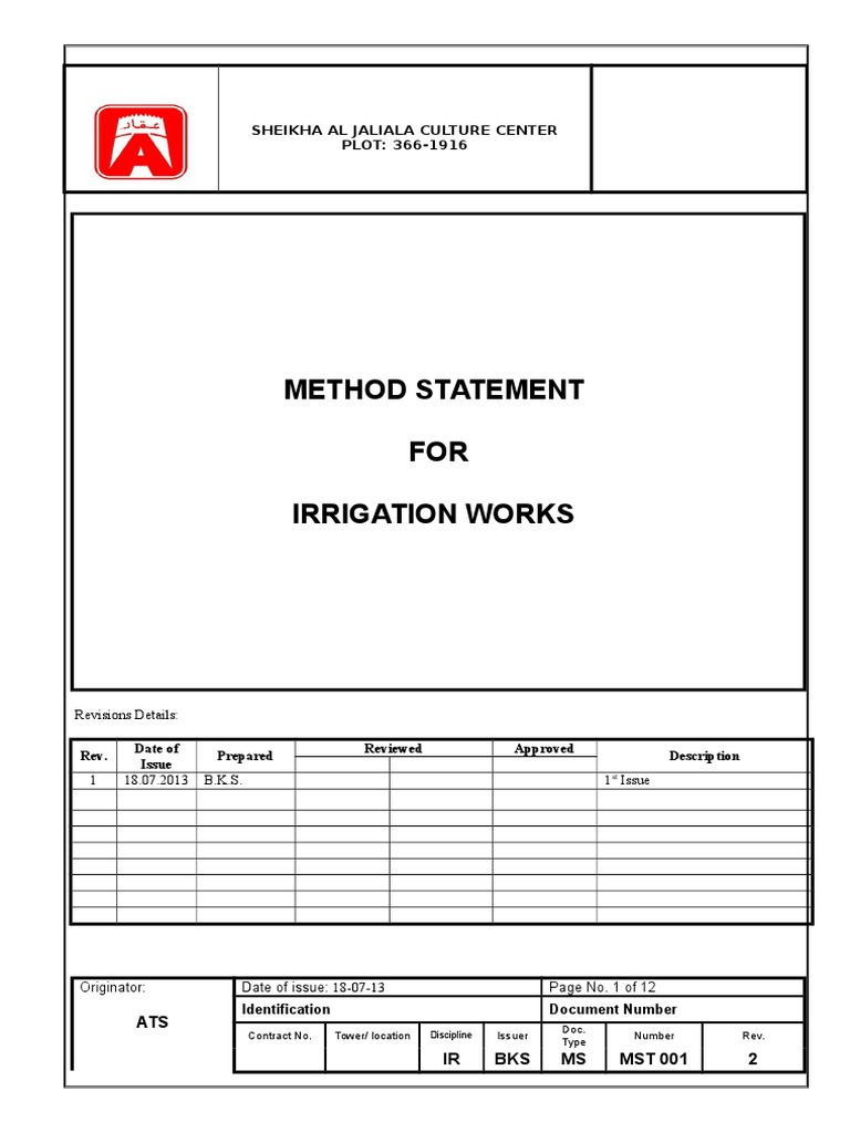 Method Statement-IRRIGATION Rev 0 | PDF | Pipe (Fluid Conveyance) | Valve