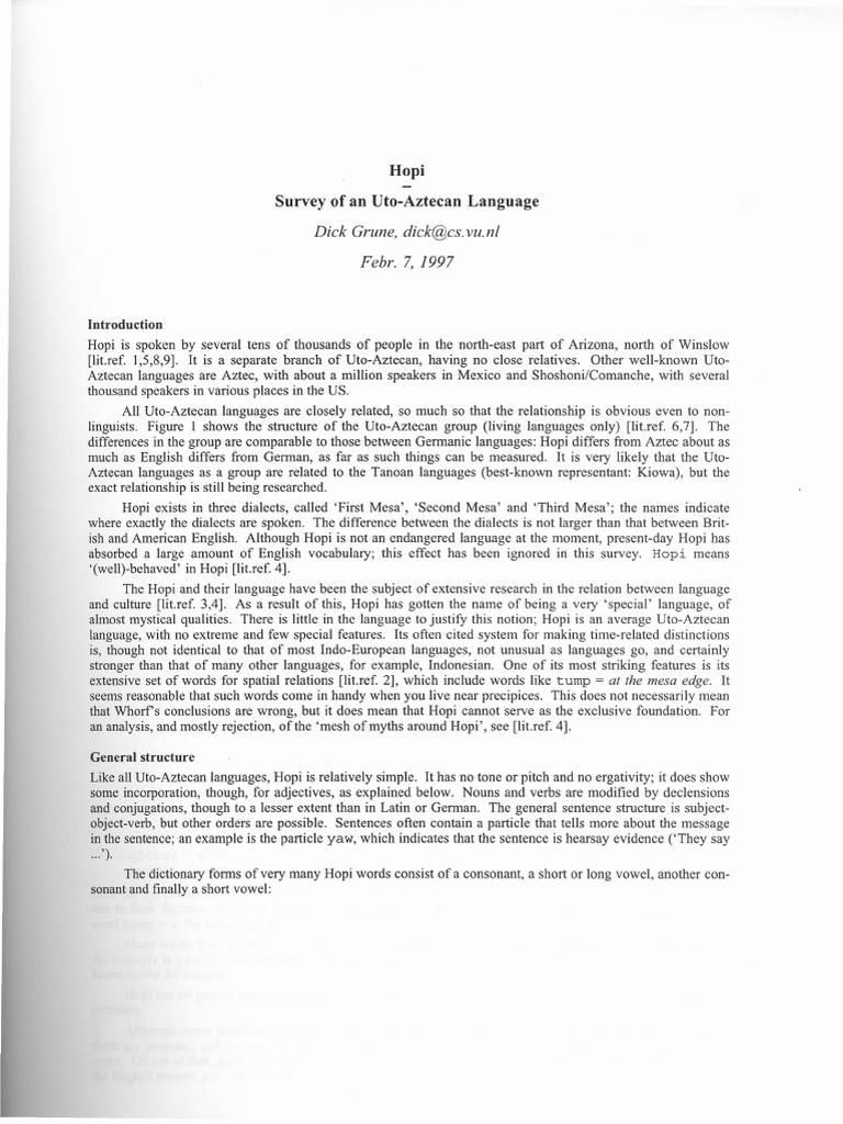 Hopi - Survey of An Uto-Aztecan Language by Dick Grune | PDF ...