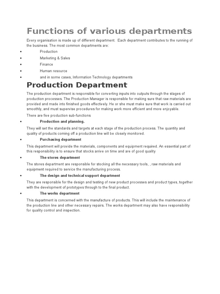 Functions of Various Departments | PDF | Employment | Sales