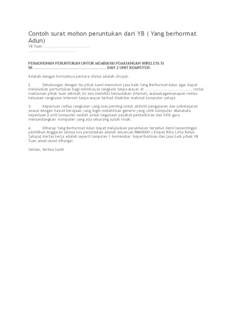 Contoh Surat Mohon Peruntukan Dari YB | PDF