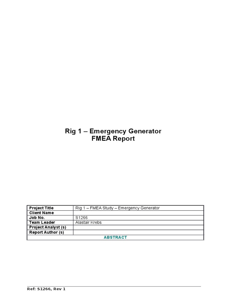 Emergency Generator FMEA Example | PDF | Reliability Engineering | Safety