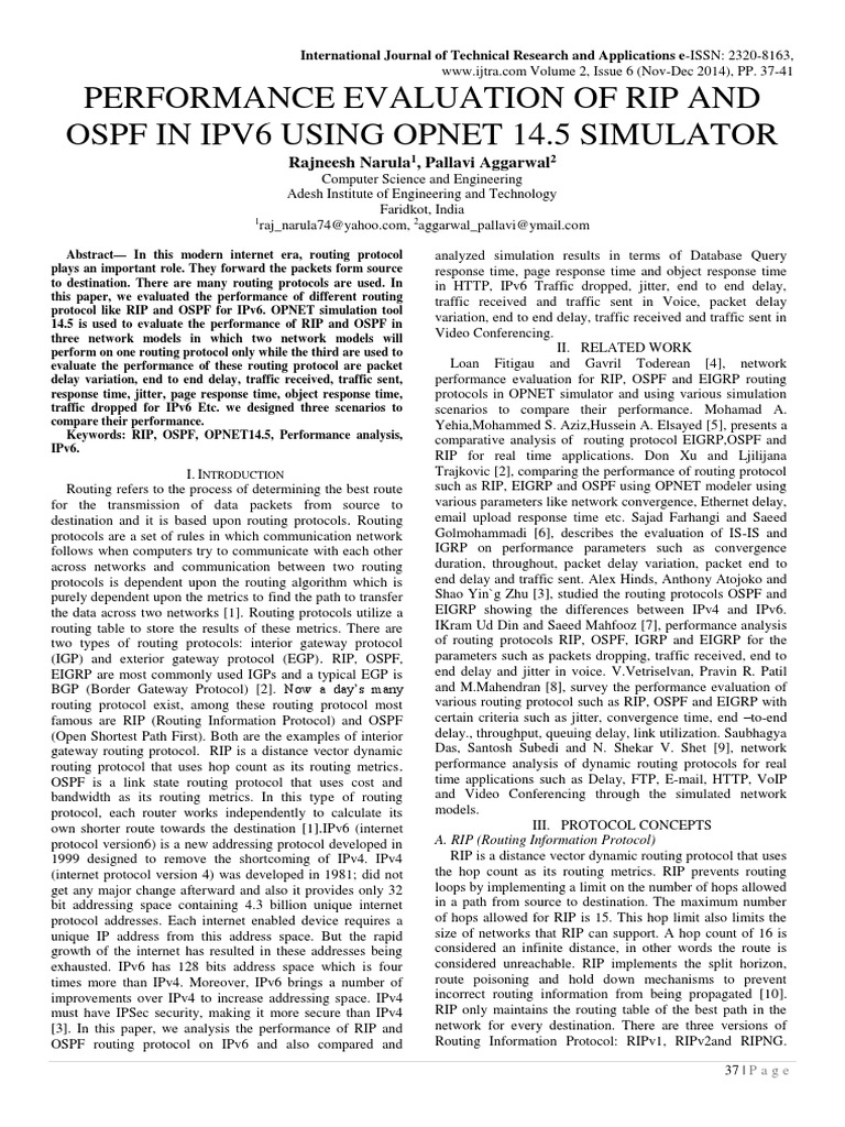 Performance Evaluation Of Rip And Ospf In Ipv6 Using Opnet 145 Simulator Pdf Routing 2116
