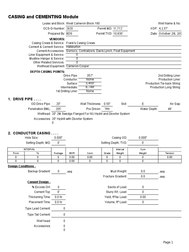 Casing and Cementing Design for the OCS-G-2820 Well in West Cameron ...