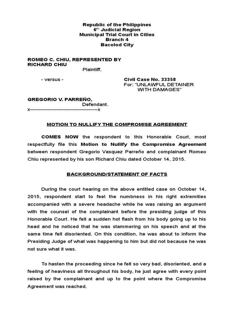 Motion to Nullify the Compromise Agreement | Lawsuit | Government