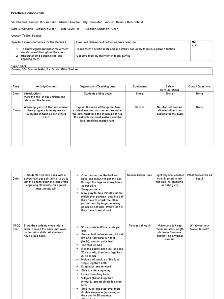 Year 9 Soccer Skills Lesson Plan | PDF | Association Football | Lesson Plan