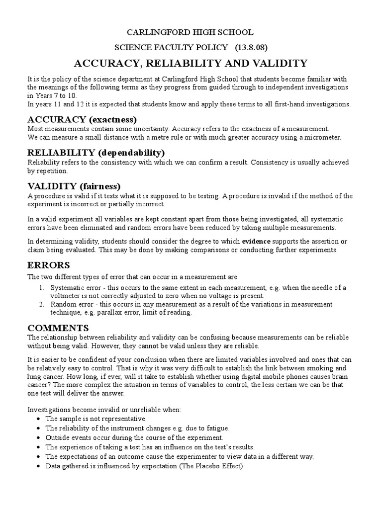 Accuracy, Reliability, Validity Policy | PDF | Experiment | Validity ...