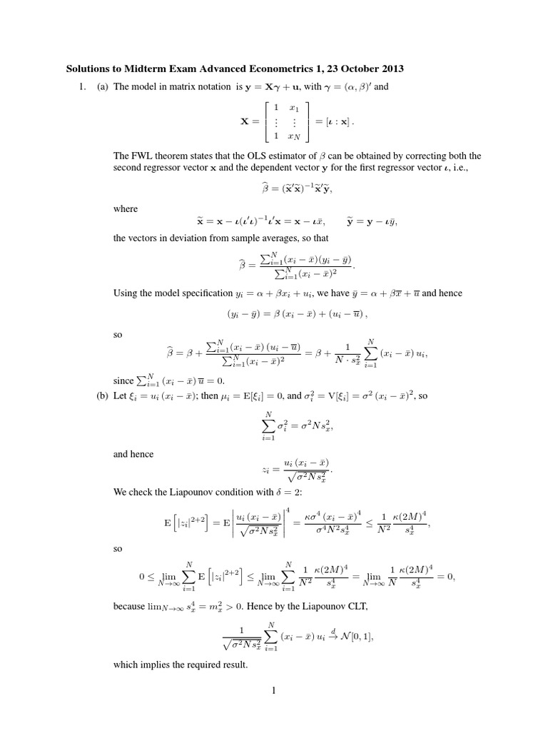 Solutions Advanced Econometrics 1 Midterm 2013 | PDF | Normal Distribution | Ordinary Least Squares