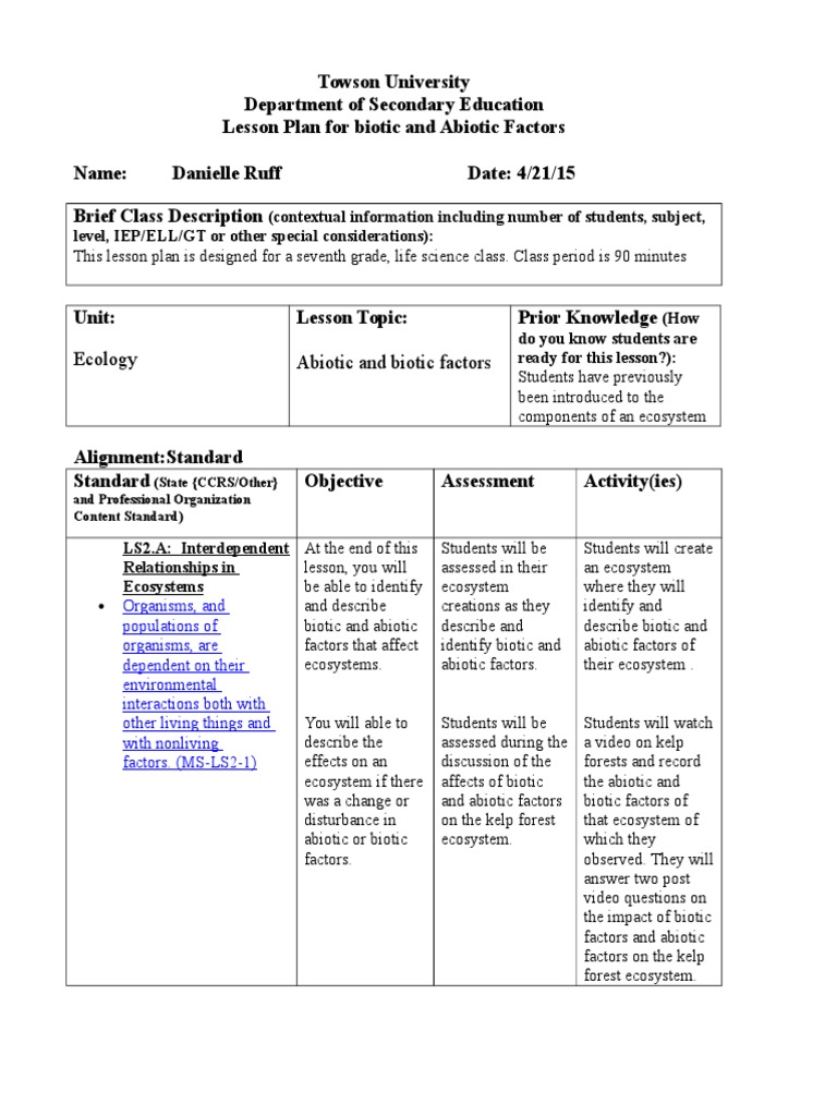 Biotic and Abiotic Factors Lesson Plan | PDF | Ecosystem | Lesson Plan