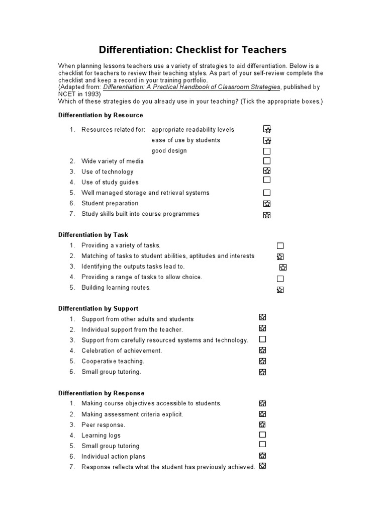 Teacher Differentiation Checklist | PDF | Business