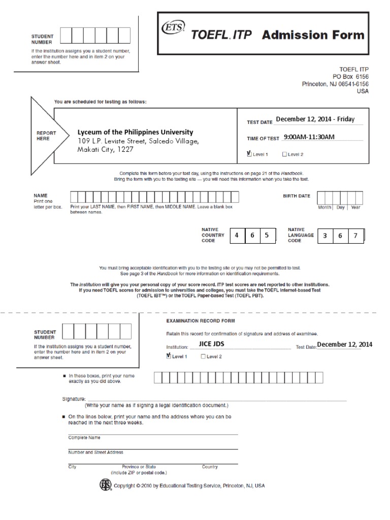 TOEFL Admission Form | PDF
