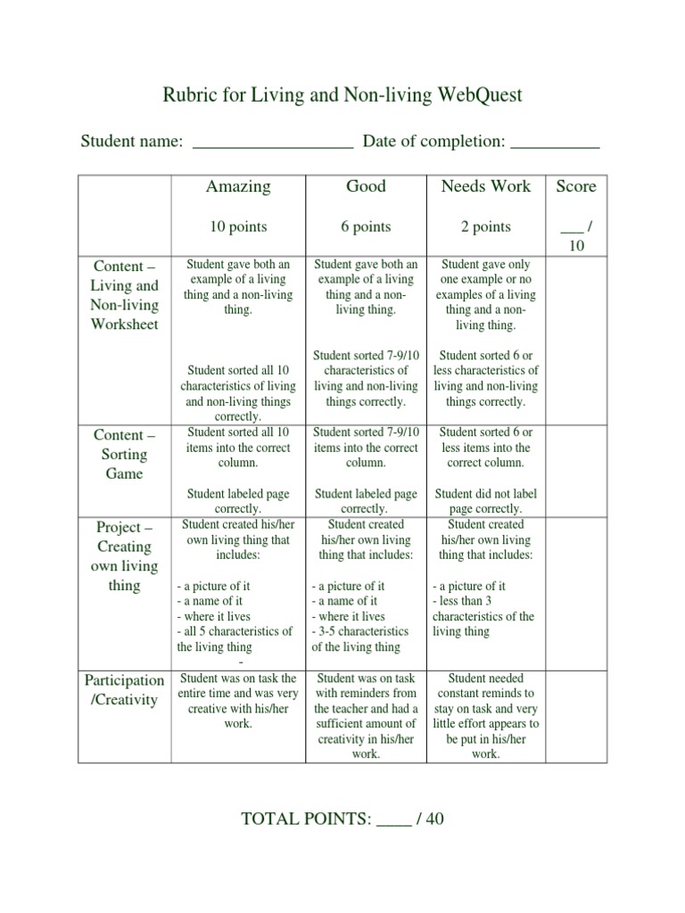 Rubric For Living and Non Living Webquest | PDF