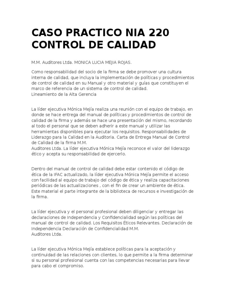 Caso Practico NIA 220 | PDF | Calidad (comercial) | Liderazgo