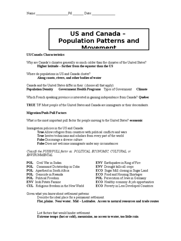Us and Canada - Population Patterns and Movement Review Sheet - Answer ...