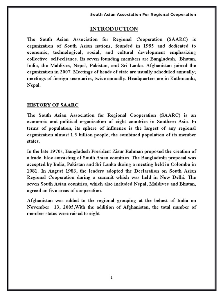 History of Saarc: South Asian Association For Regional Cooperation ...