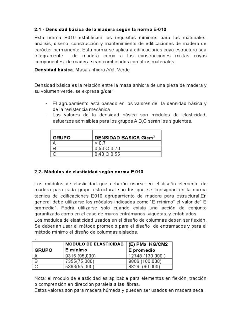 Módulos de elasticidad y esfuerzos admisibles de la madera según norma E-010 | PDF | Calidad ...