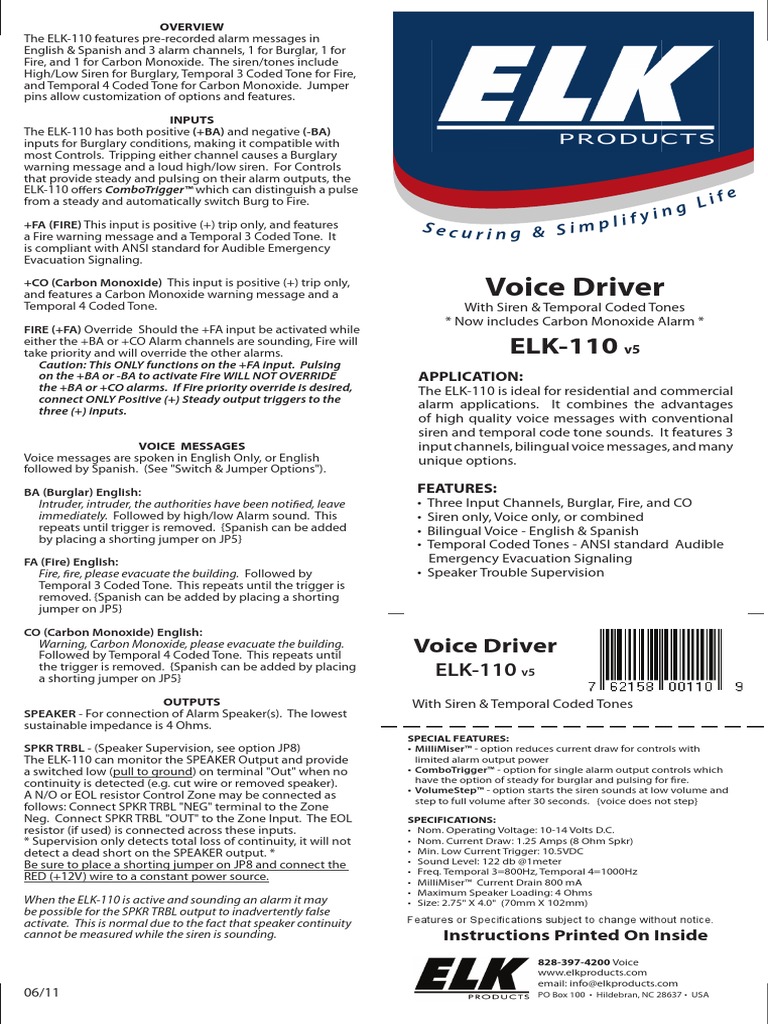 ELK-110 Voice Driver - Install Guide | PDF | Loudspeaker | Electrical ...