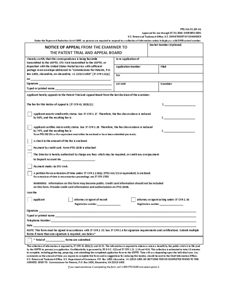 USPTO Notice of Appeal Form | PDF | United States Patent And Trademark ...