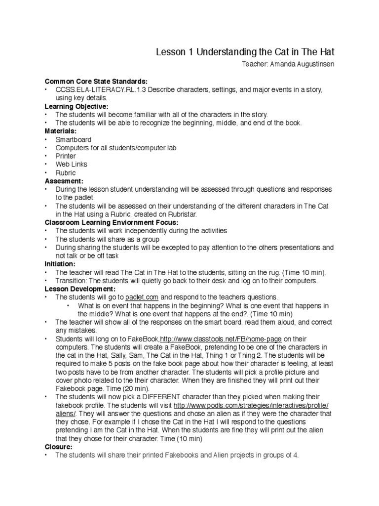 Cat in the Hat Lesson Plan Overview | PDF | Educational Assessment ...
