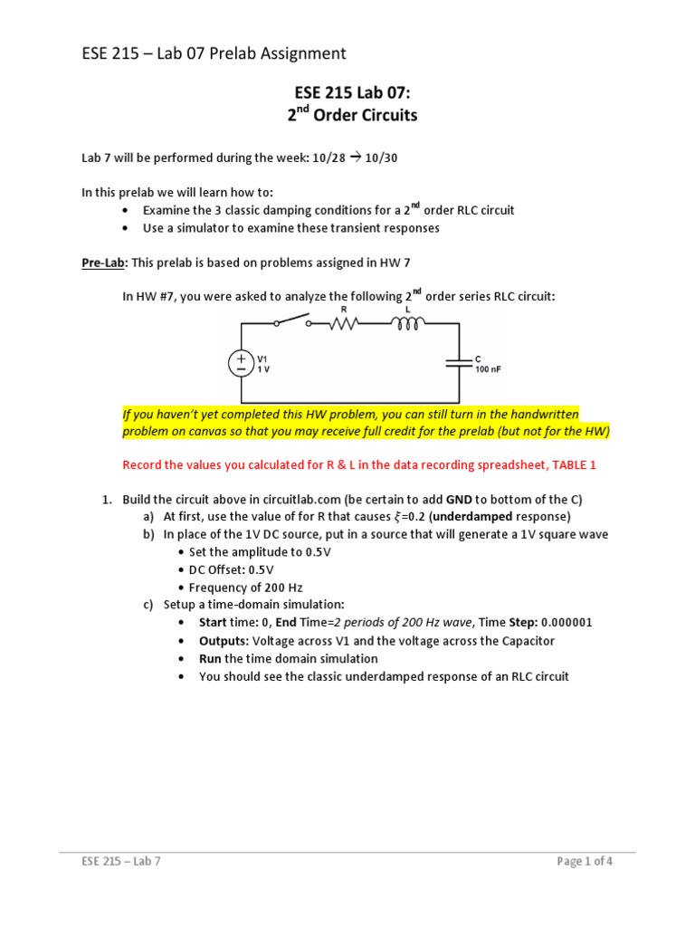 ESE 215 - Lab 07 Prelab Assignment | PDF | Electrical Network | Capacitor