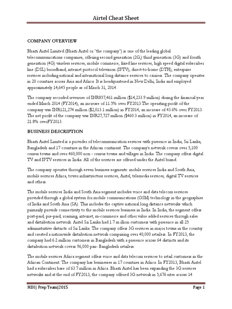 Airtel Cheat Sheet | PDF | Communication | Wireless