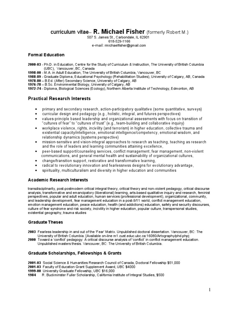 RMFisher (Updated CV) | PDF | University | British Columbia