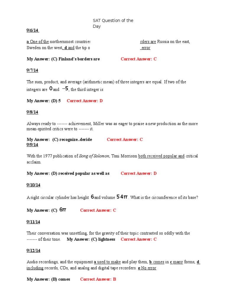 SAT Question of the Day: September 6th - 25th Summary of Daily Practice ...