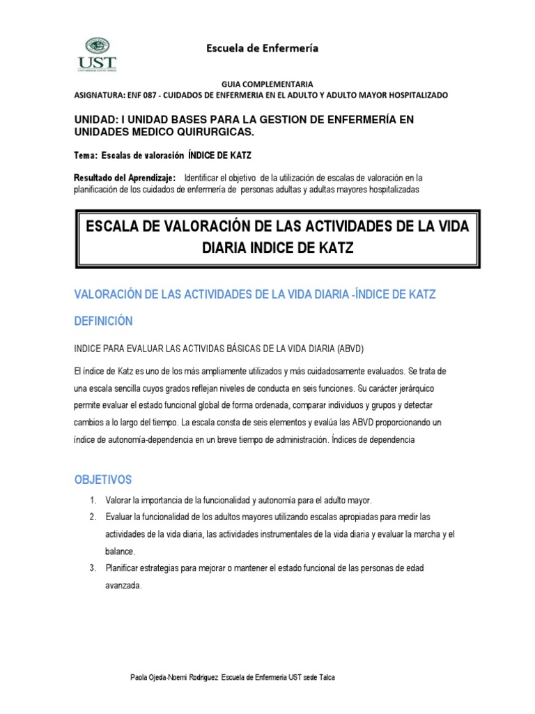 Guía Complementaria Indice de Katz | Enfermería | Adultos | Prueba ...