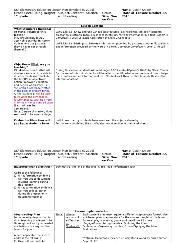 1st Grade Science & Reading Lesson Plan | PDF | Lesson Plan | Primary ...