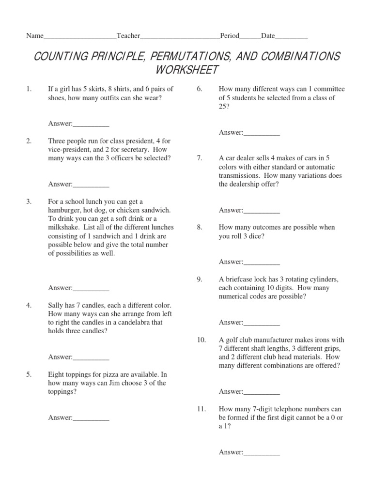 Extra Practice - Counting, Permutations & Combinations | PDF | Leisure ...