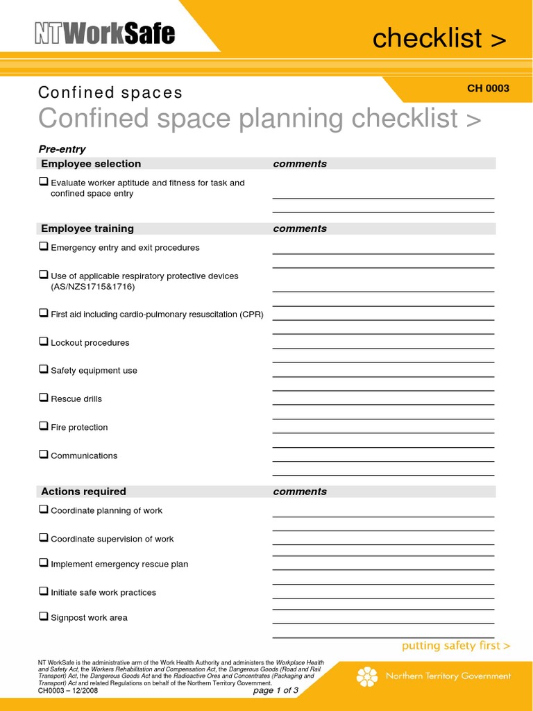 Confined Space Planning Checklist | PDF | Dangerous Goods | Personal ...