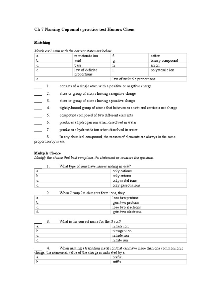 CH 7 Practice Test Honor Chem Naming Compounds | PDF | Ion | Acid
